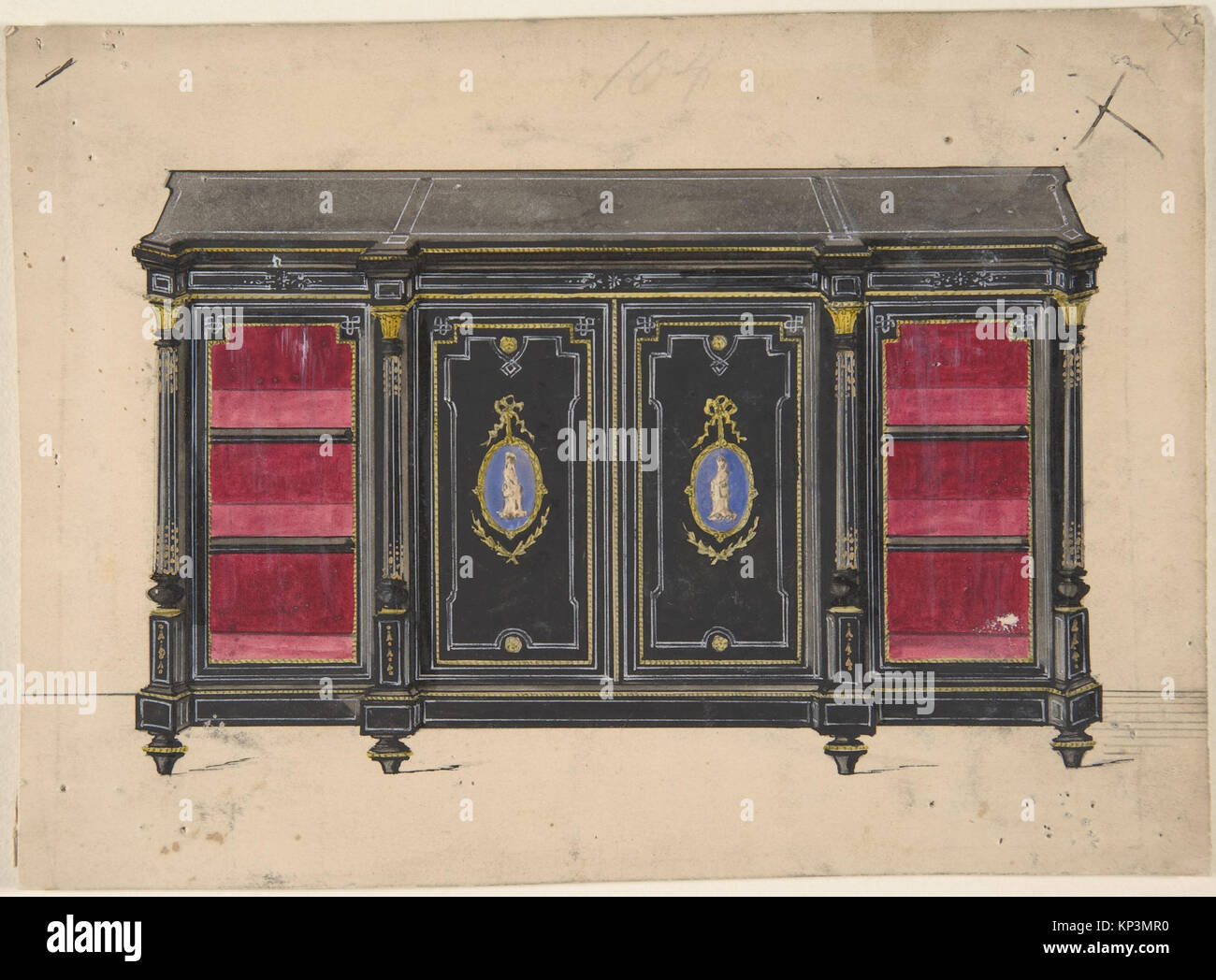 This 19th-century drawing showcases a cabinet design featuring ...