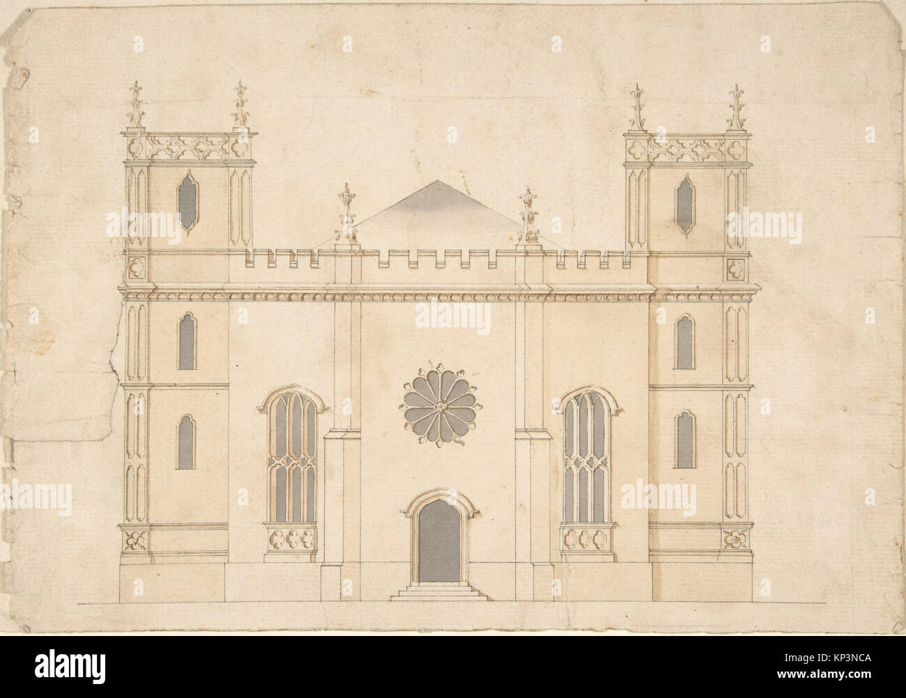 Facade of a Gothic Revival church featuring pointed arches, vertical ...