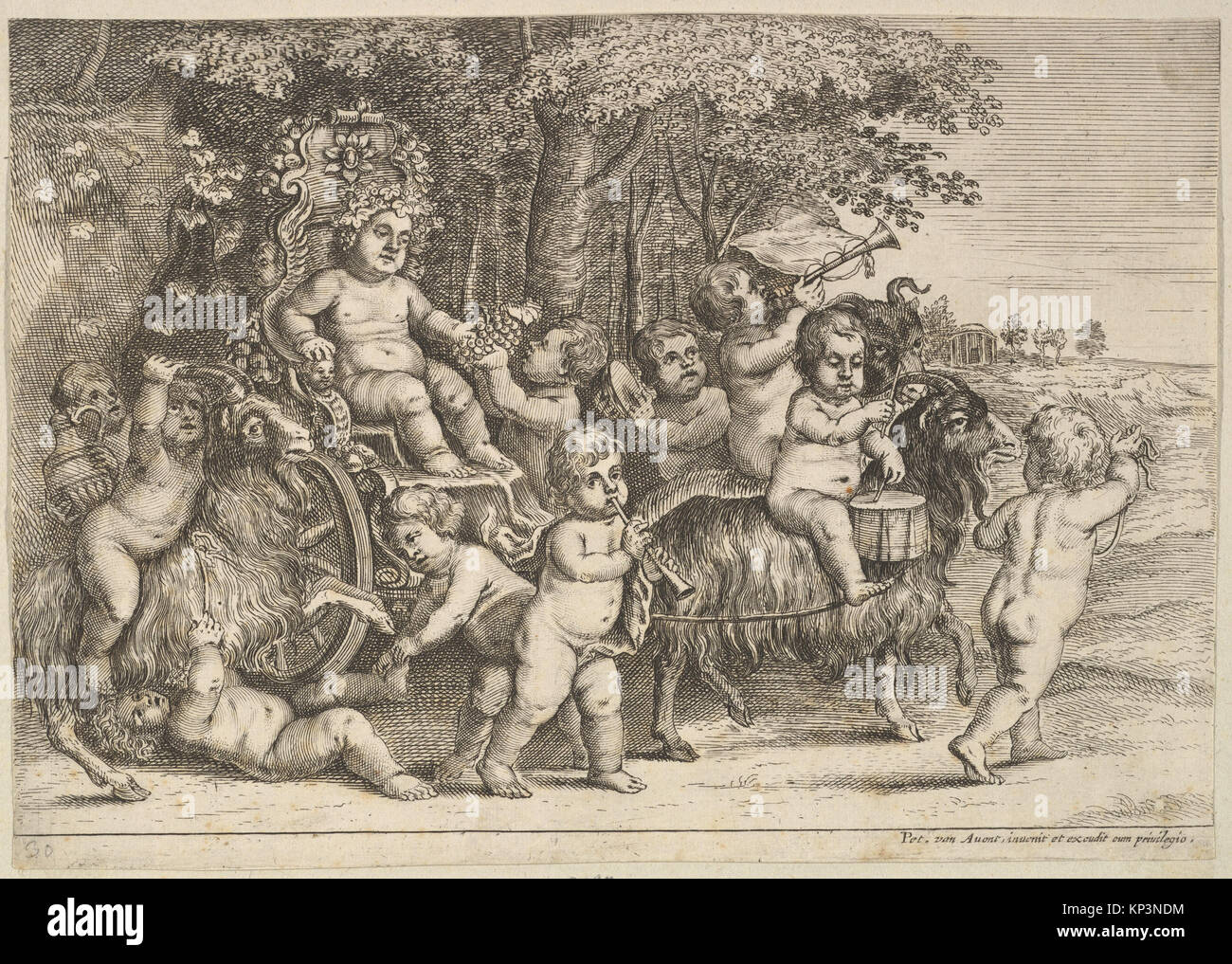 Depiction of eleven boys and three goats interacting in a rural setting ...