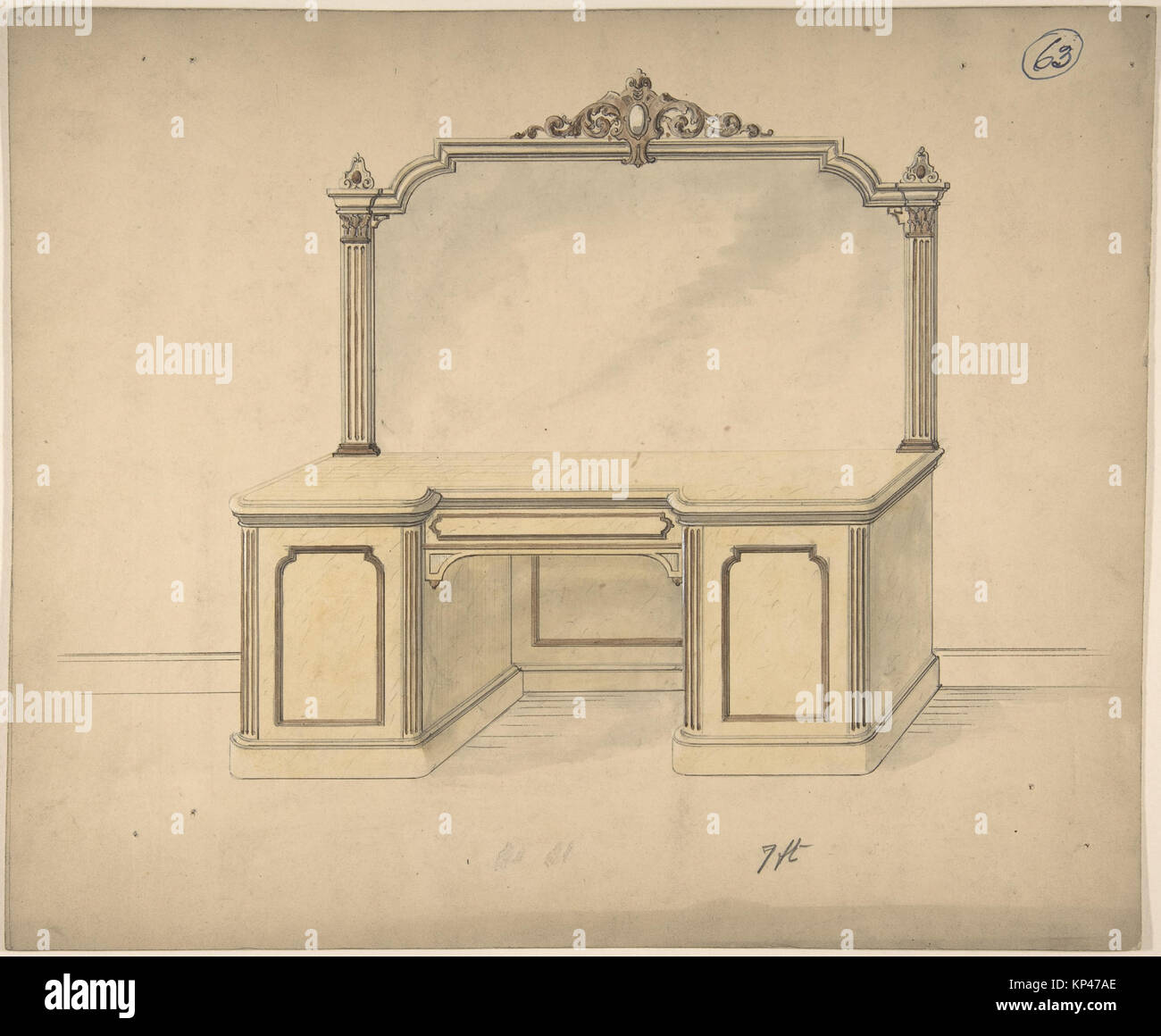 Illustration showing a desk design with an integrated mirror, detailing ...