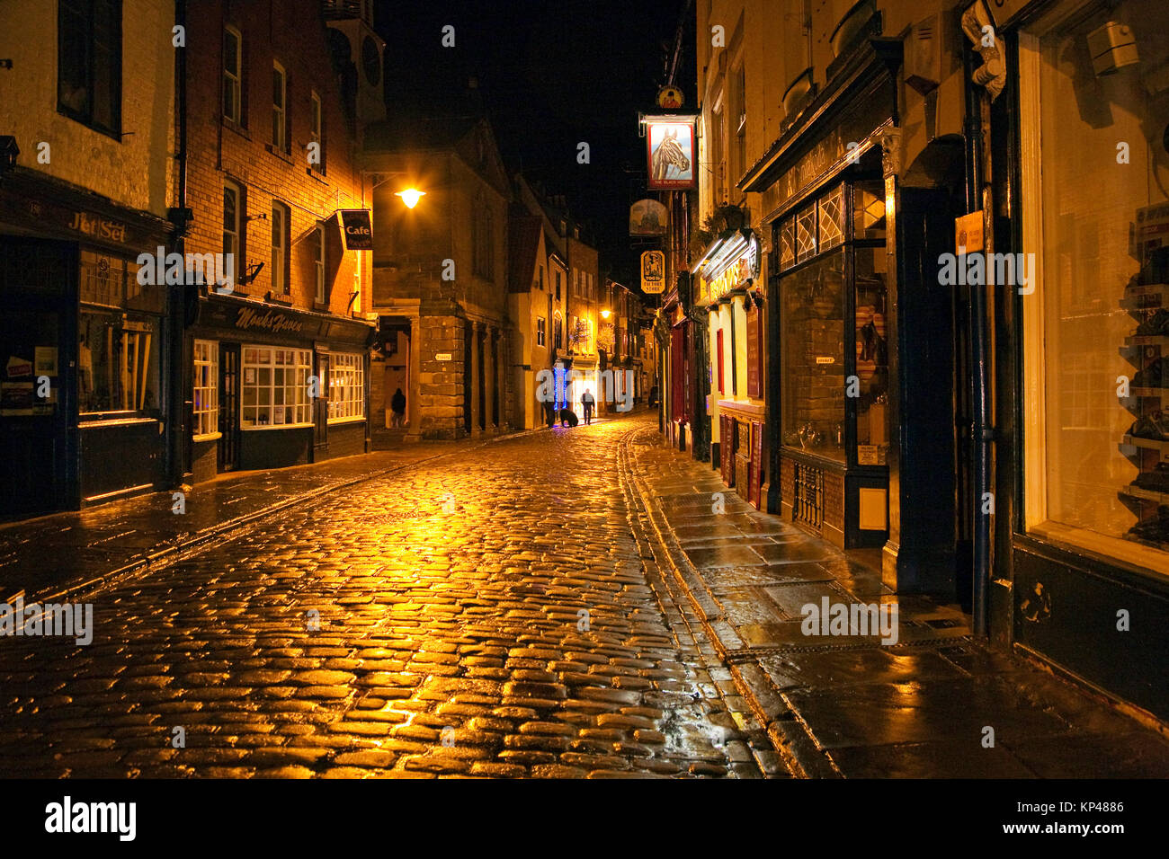 Cobbled street at night, Whitby, Yorkshire, England, UK Stock Photo - Alamy