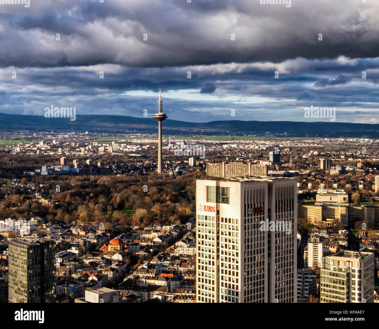Frankfurt,Germany.Aerial view from Helaba Main Tower.UBS bank,TV tower ...