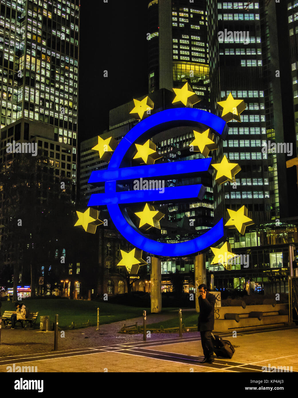 Frankfurt,Germany,Illuminated Euro Symbol in front of the Euro Tower On ...