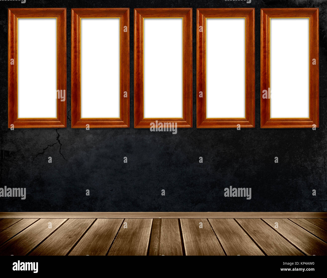 Dark grunge wall and old wooden frames for the design Stock Photo - Alamy