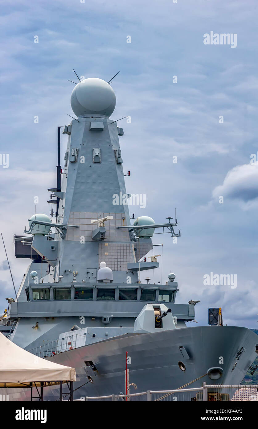 A part of military navy ship. Military sea landscape with cloudy sky ...