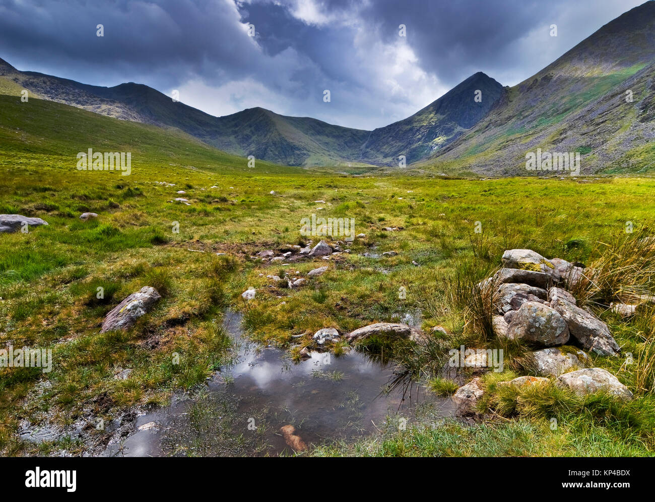 Mountain landscape shot during rainy weather. Macgillycuddy's Reeks ...