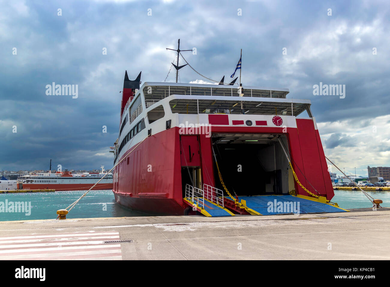 Ferry Boat Ship with open Ramp ready to board cars and passengers Stock ...