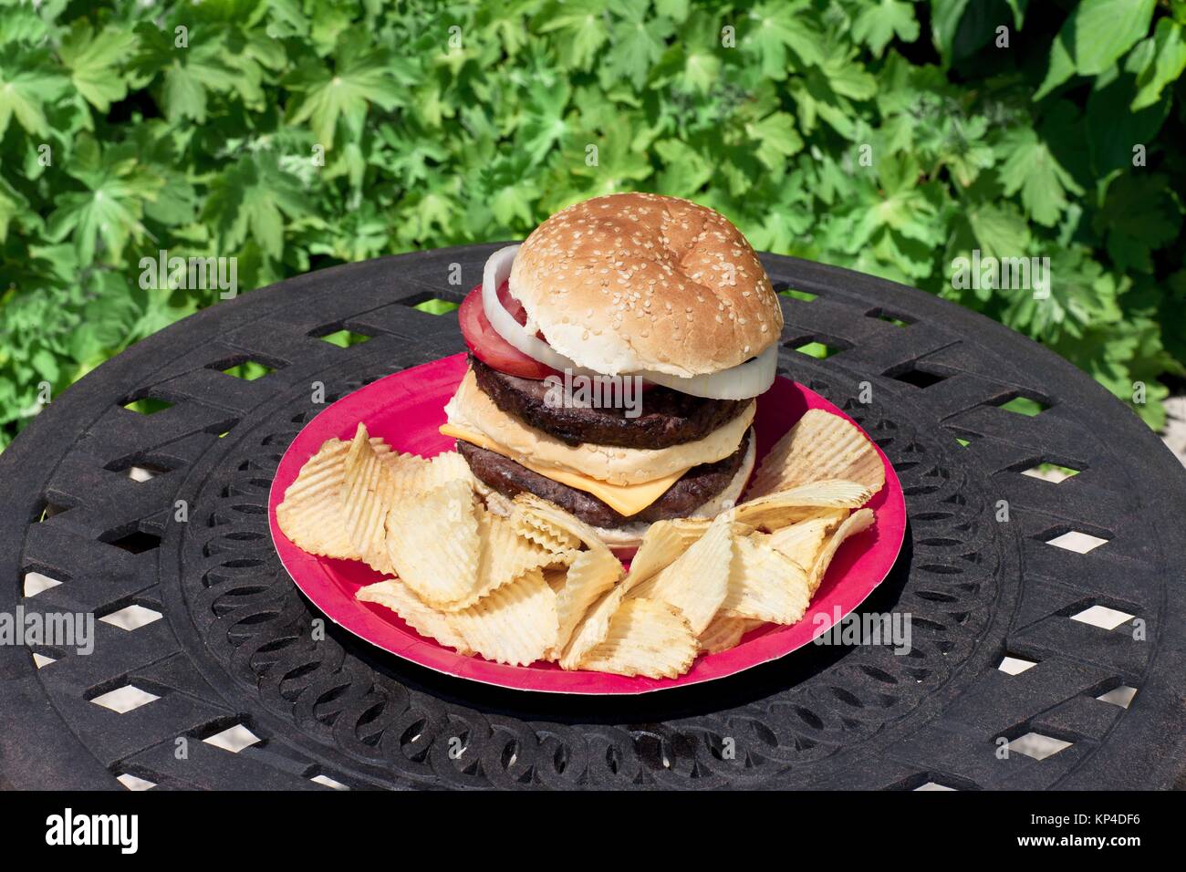 burger with ruffled chips Stock Photo - Alamy