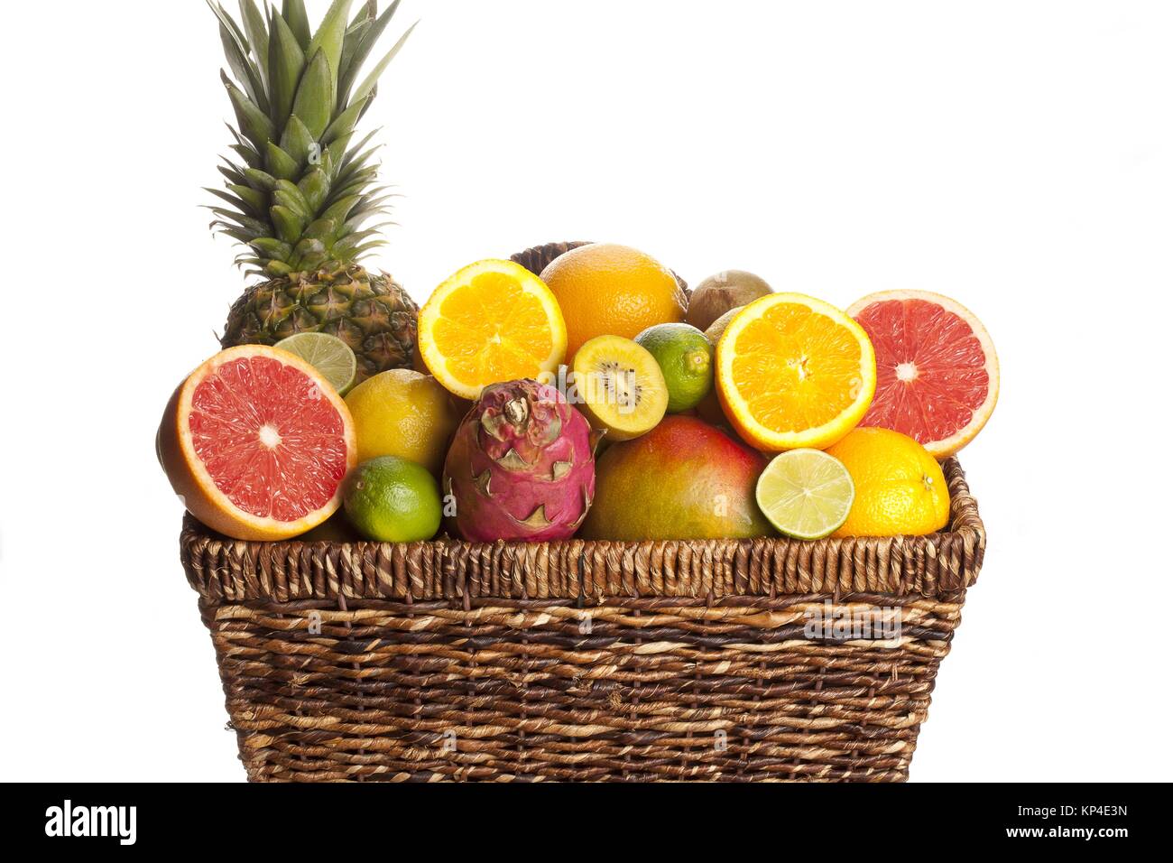 close up image of wicker basket with variety of fruits Stock Photo - Alamy