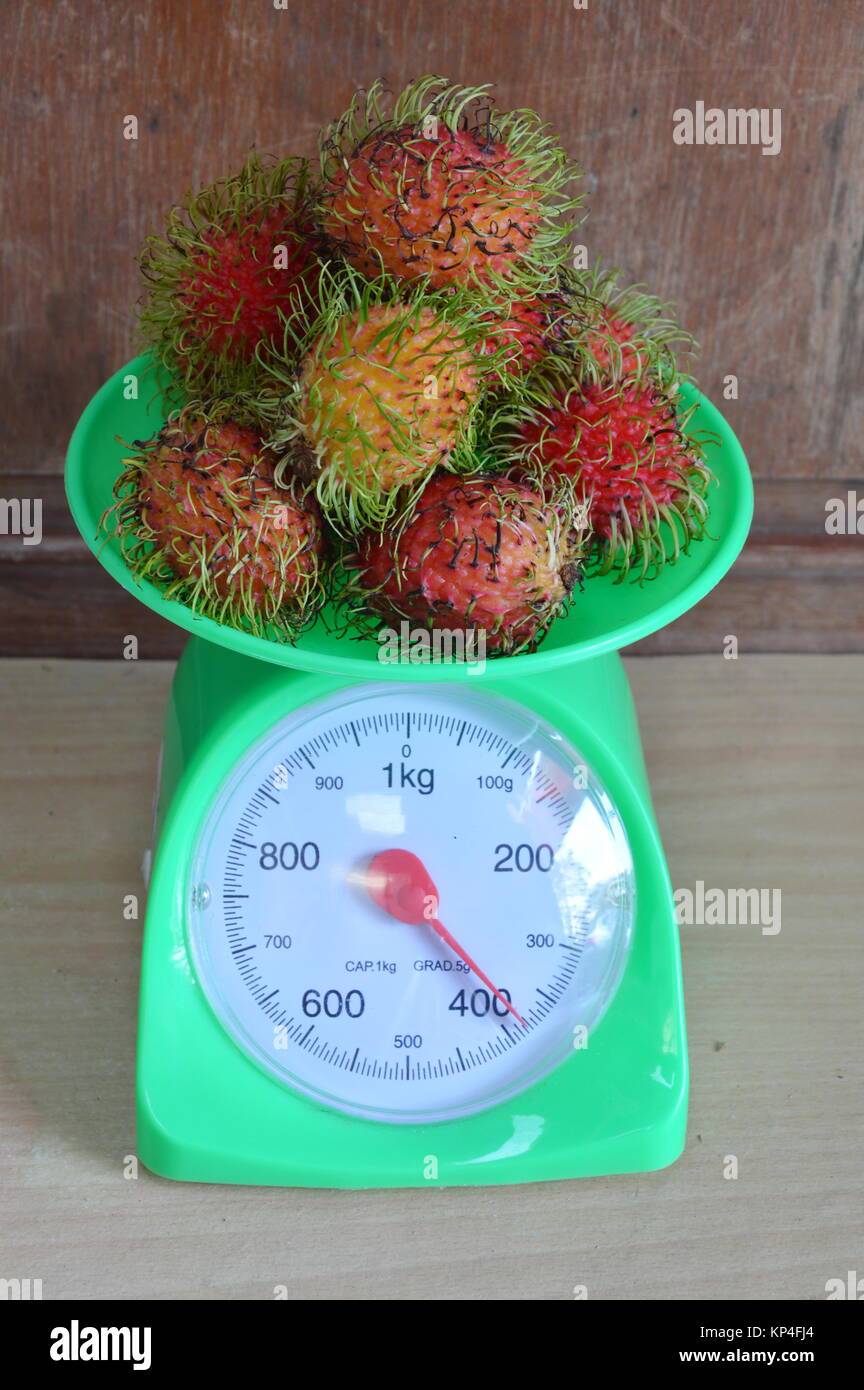 rambutan tropical on green weighing scale Stock Photo - Alamy