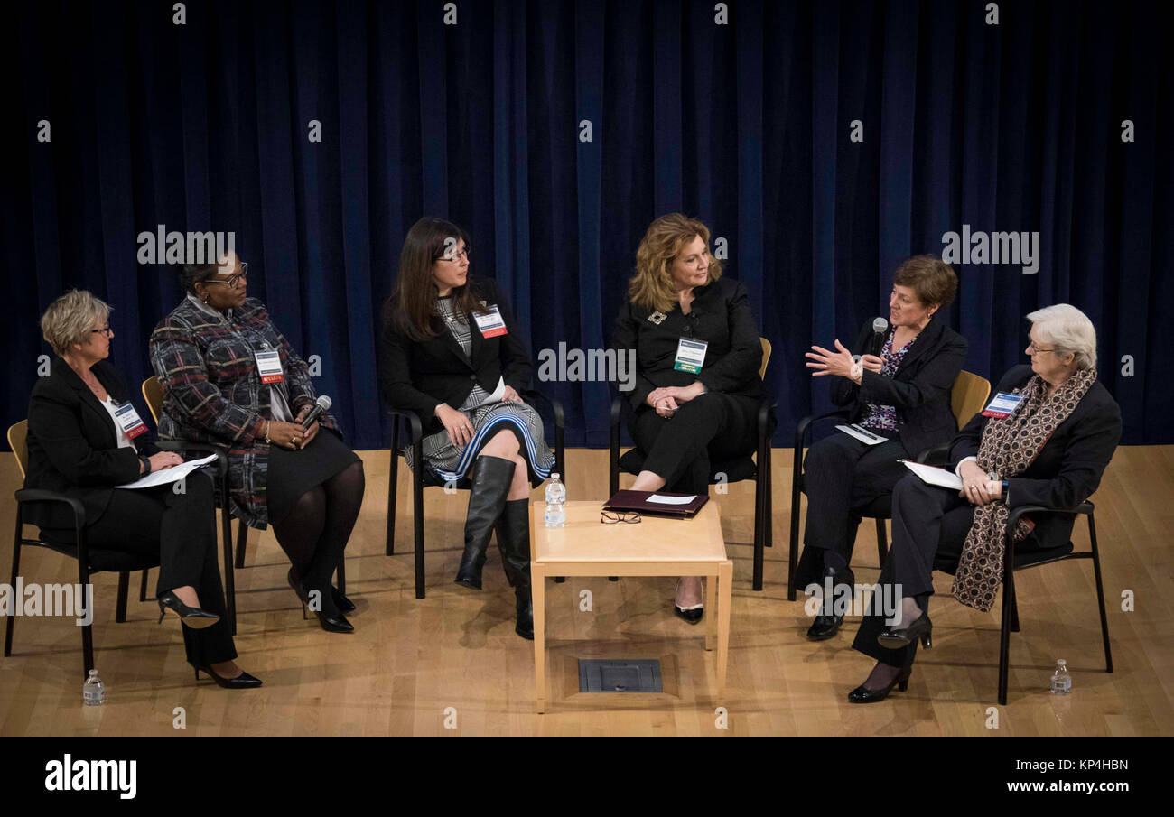 Ladies talking into microphone at seminar Stock Photo - Alamy