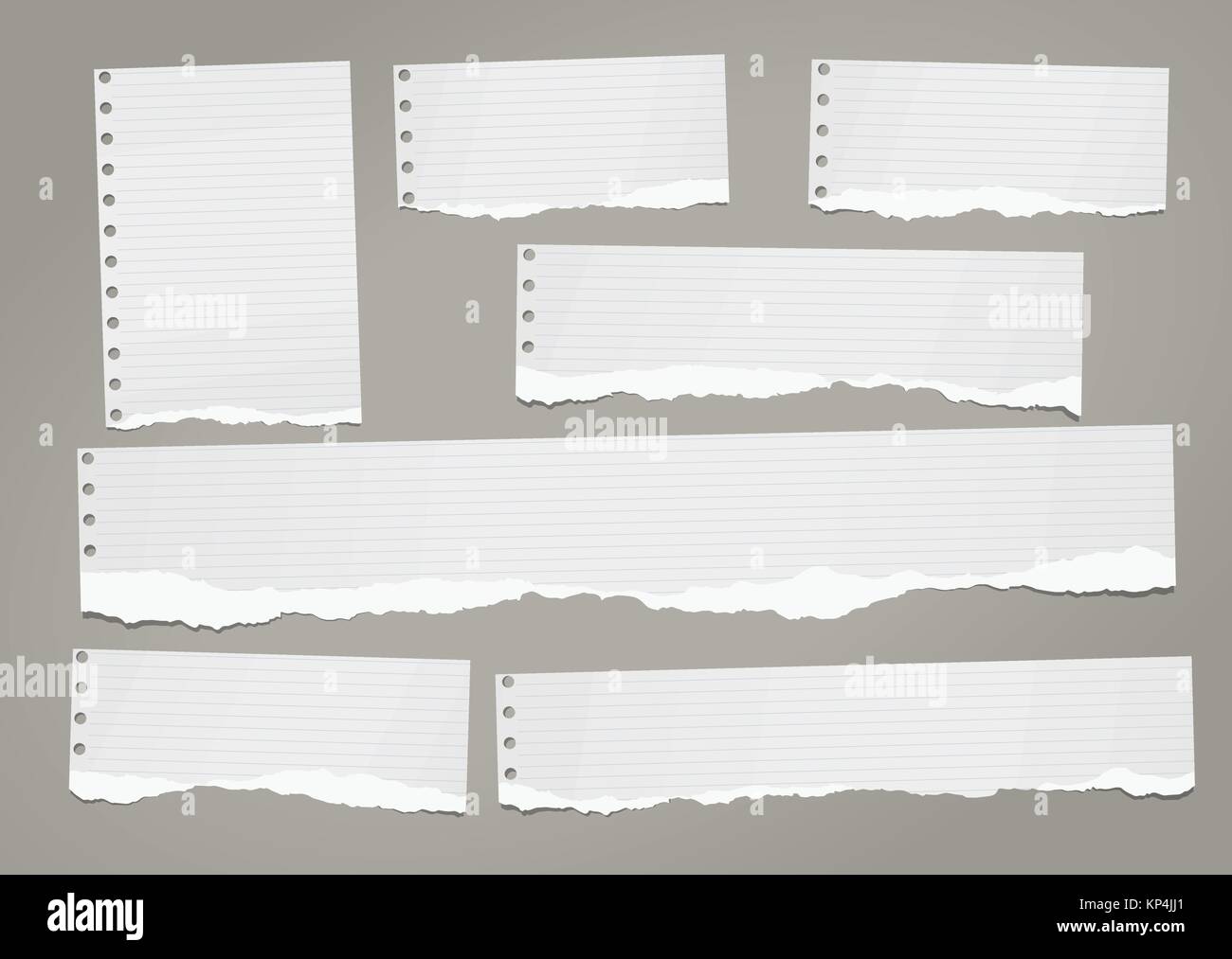Ripped lined notebook paper strips for text or message stuck on dark ...