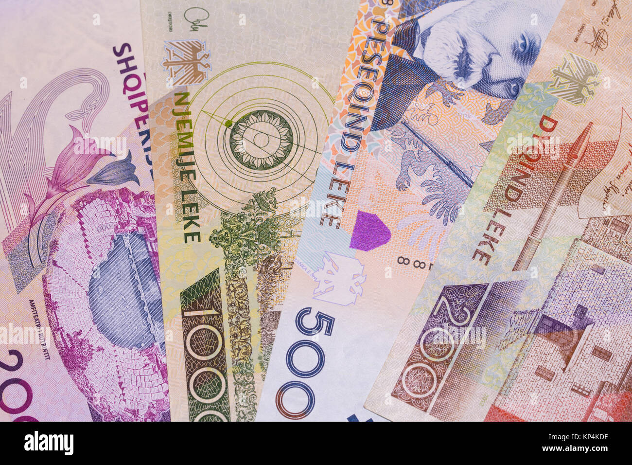 Albanian currency Lek banknotes of 2000, 1000, 500 and 200 denomination ...