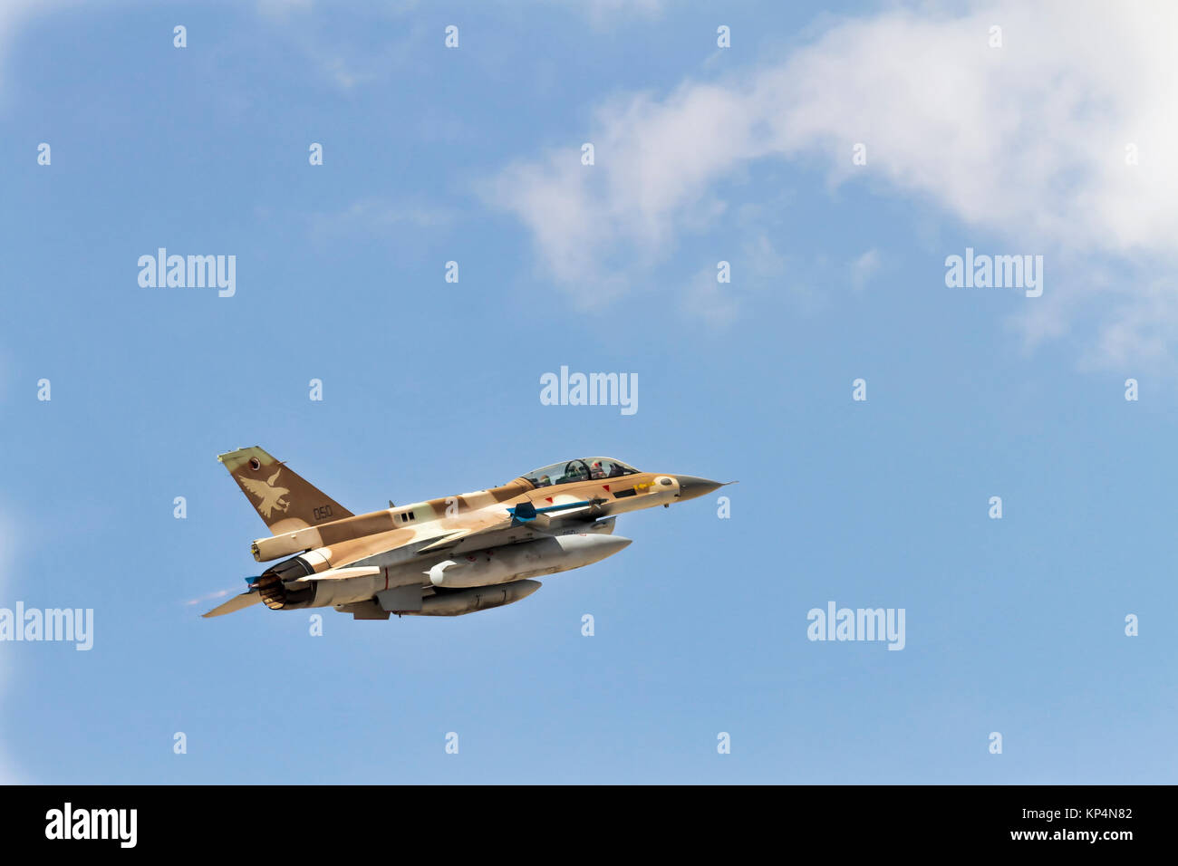 Israeli Air Force (IAF) General Dynamics F-16D in flight with a blue ...