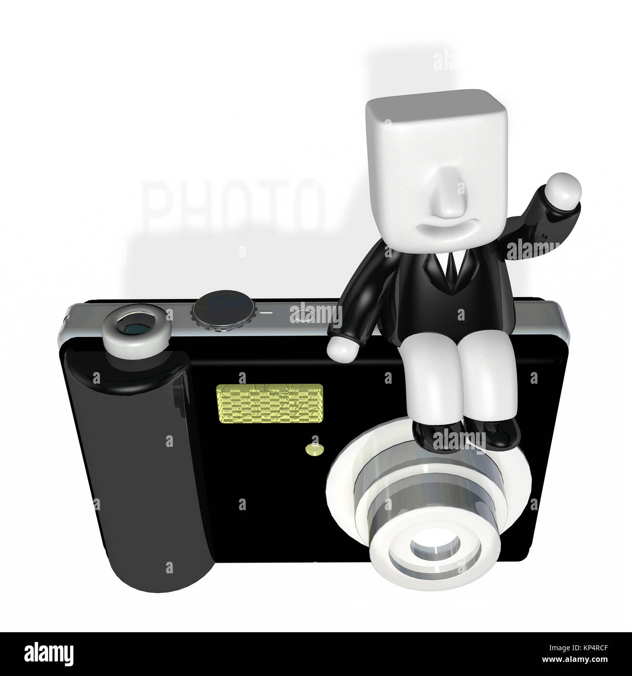 3d business man sitting on the black big camera Stock Photo - Alamy