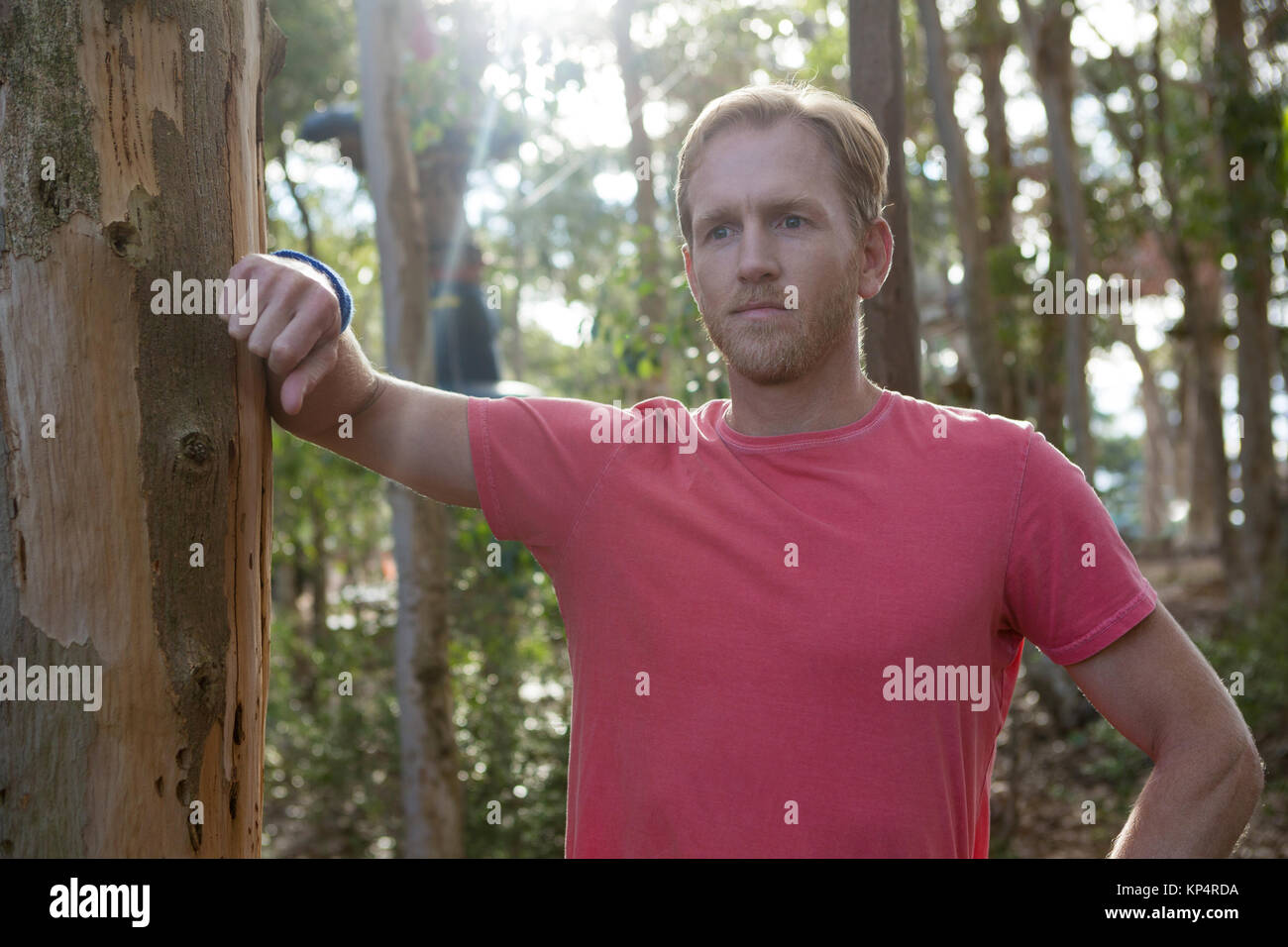 Close-up of man standing in forest taking support of tree Stock Photo ...