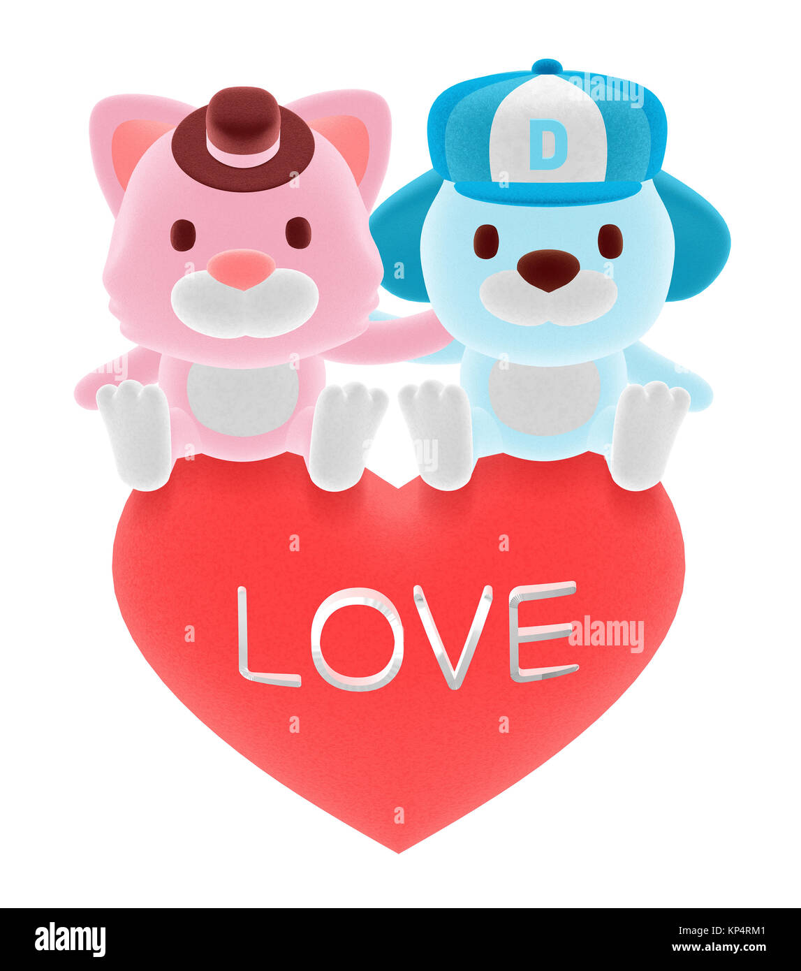 3d cute pink cat and blue bog sitting on red heart Stock Photo - Alamy