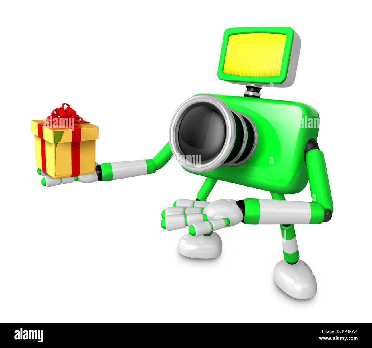 3D Green Camera character holding a gift. Create 3D Camera Robot Series ...