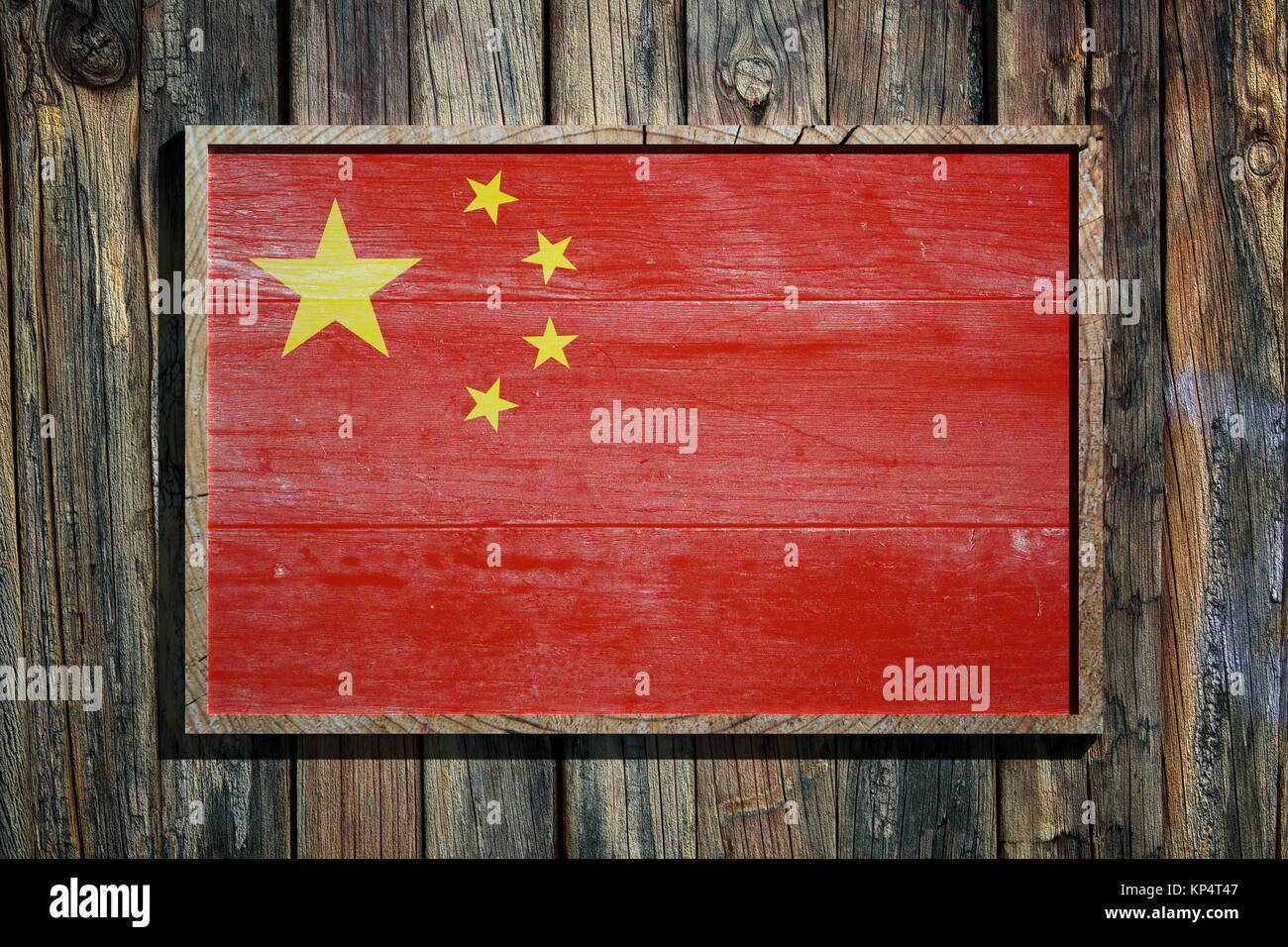 3d rendering of China flag on a wooden frame over a planks wall Stock ...