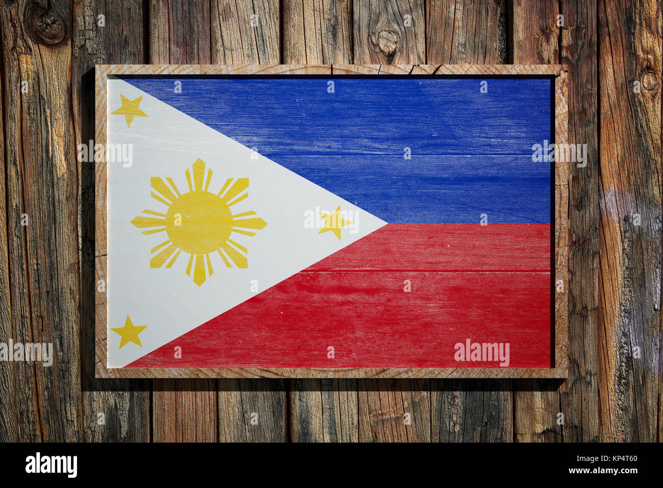 3d rendering of Philippines flag on a wooden frame over a planks wall ...
