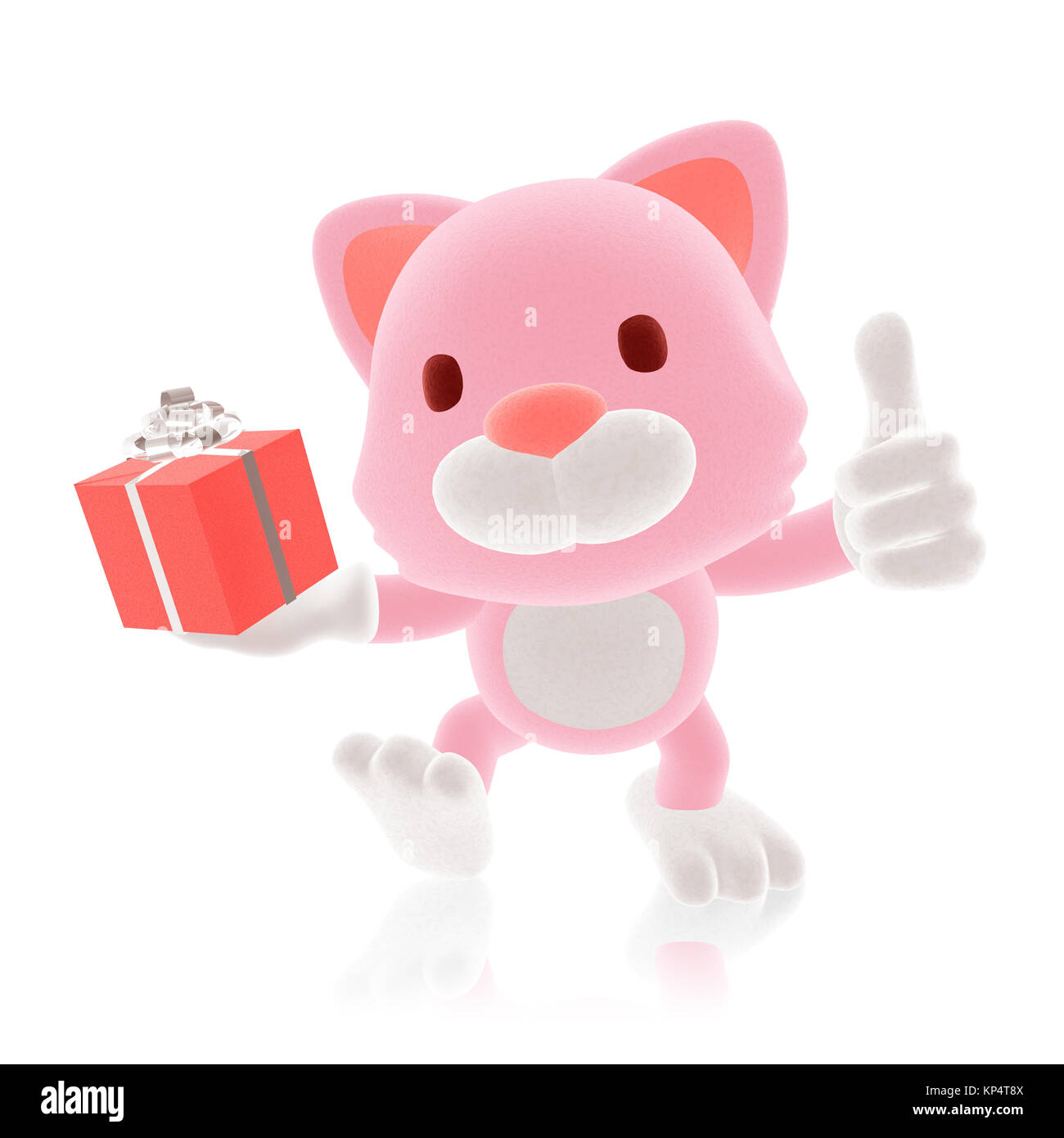 3d pink cat giving red gift with his thumb up Stock Photo - Alamy