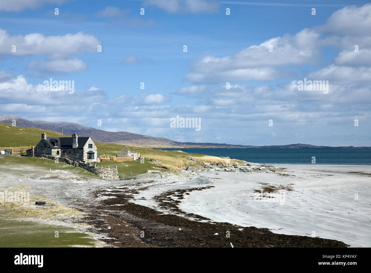 Tir nan Og, Berneray, North Uist, Outer Hebrides. View along beach ...