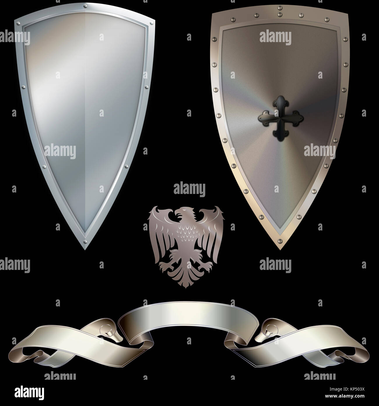 Two shields with two ribbons on a black background and heraldic ...