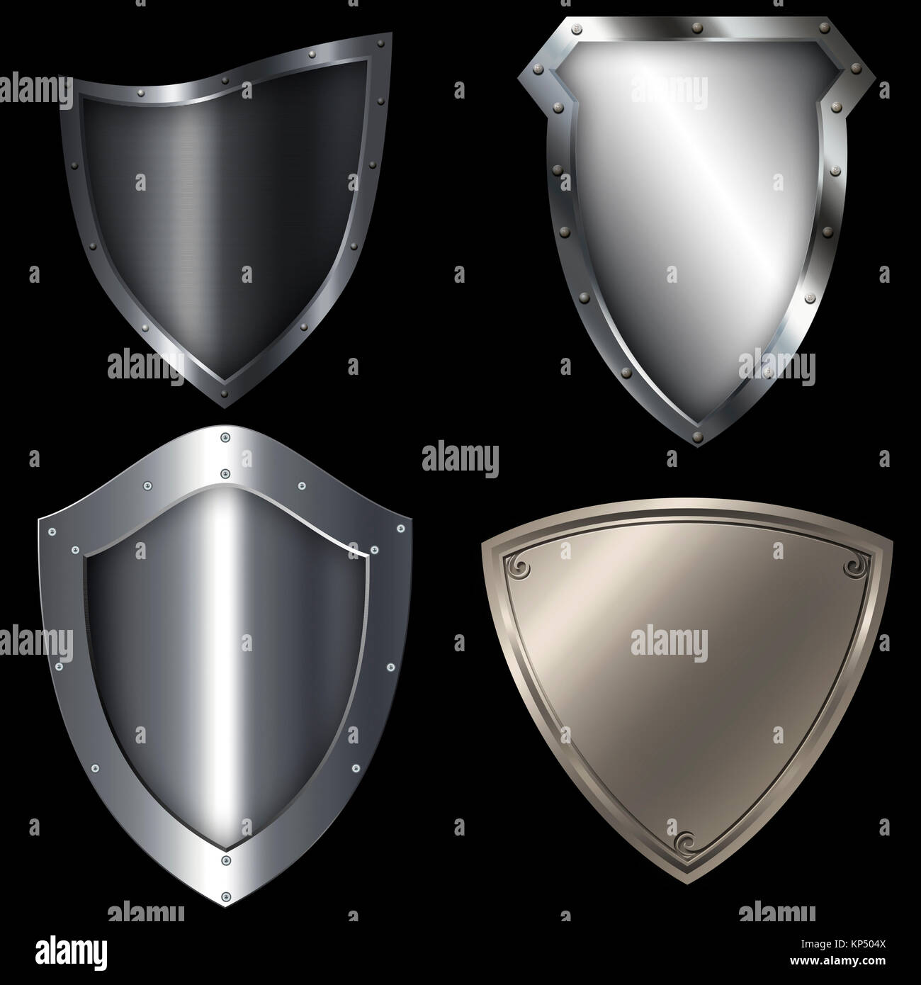 Medieval silver shield set. Isolated object on black background for the ...