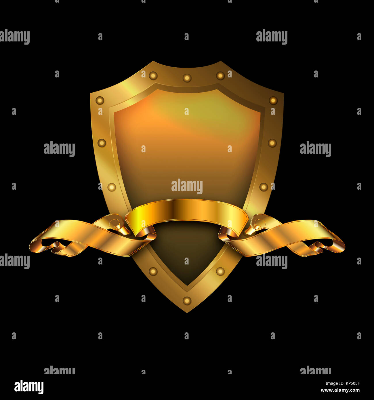 Medieval gold riveted shield and gold ribbon on black background Stock ...