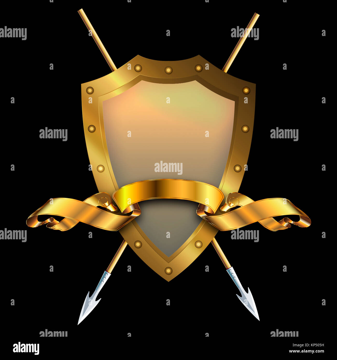 Medieval gold riveted shield with spears and gold ribbon on black ...