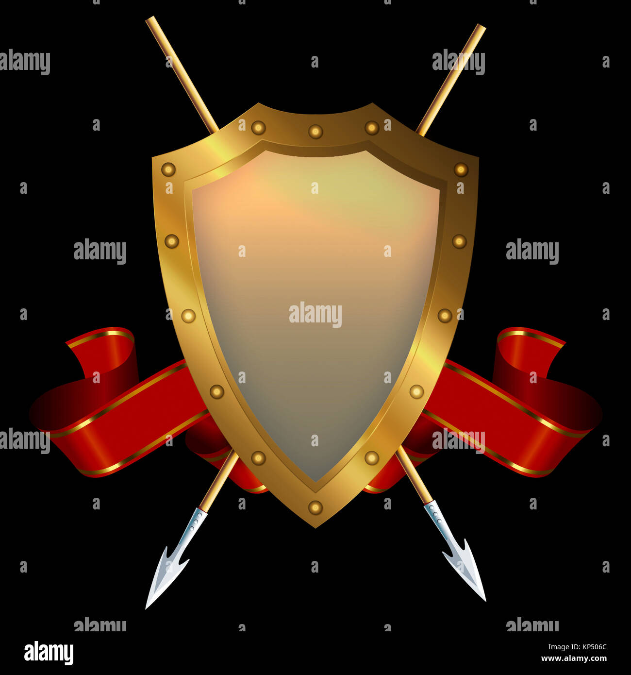 Medieval gold riveted shield with spears and red banner on black ...