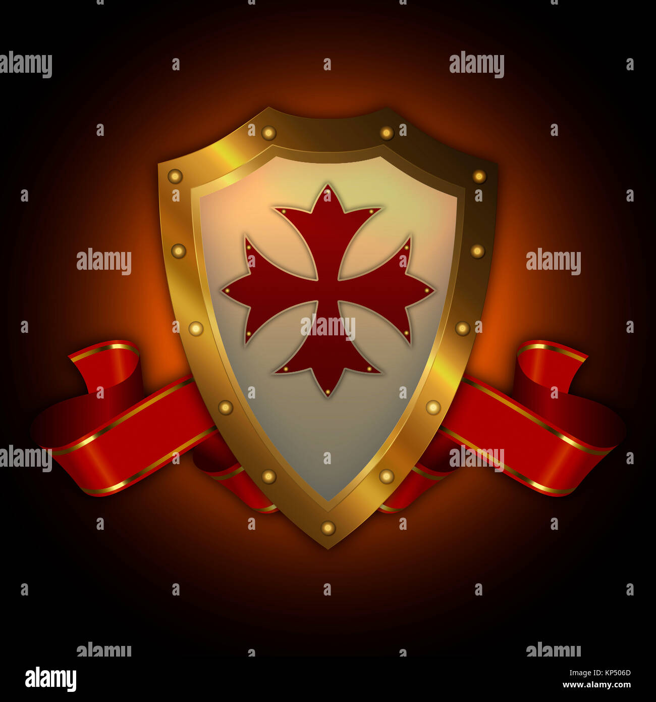 Medieval gold riveted shield with red cross and red banner on black ...