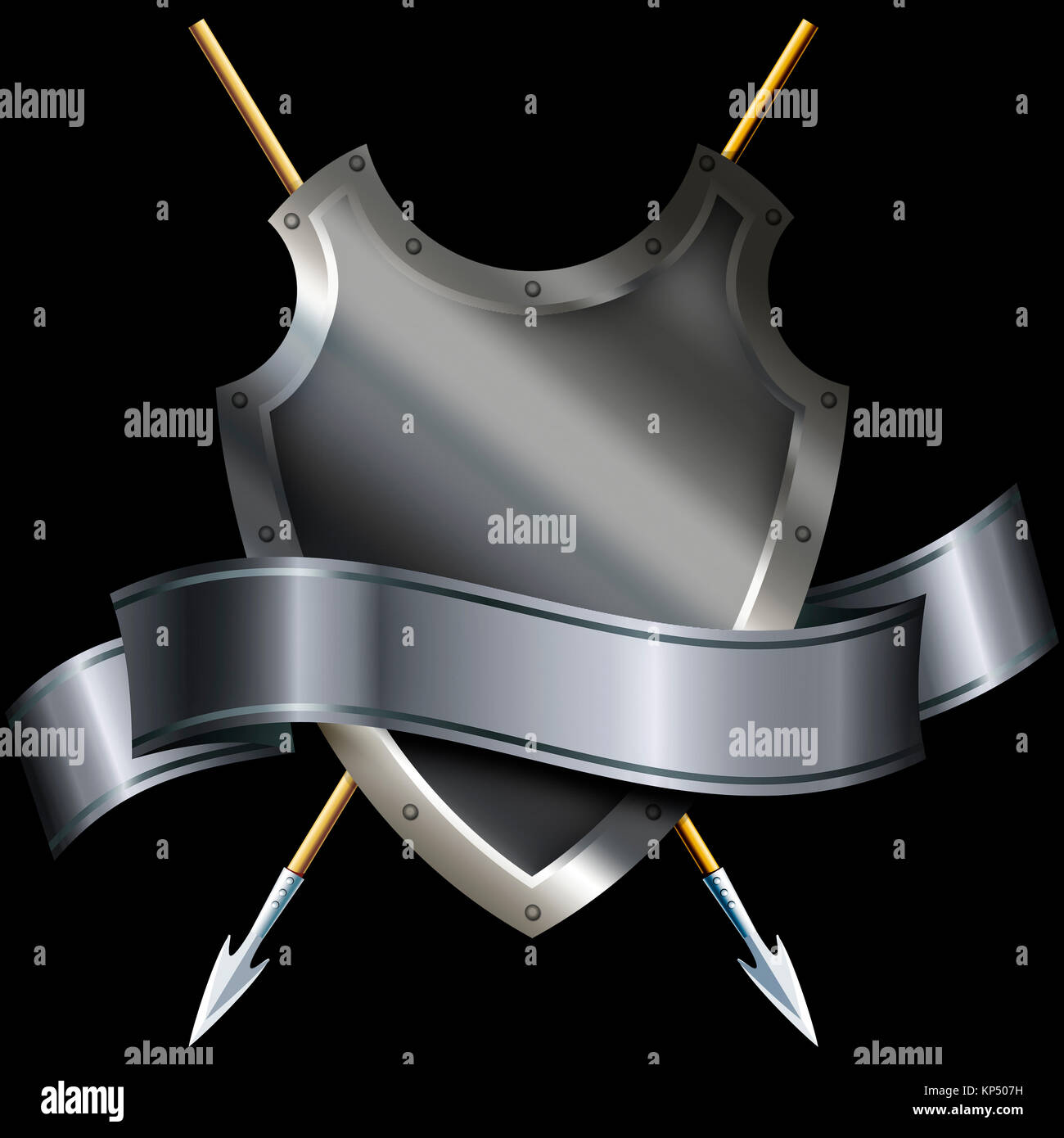 Medieval silver riveted shield and silver banner on black background ...