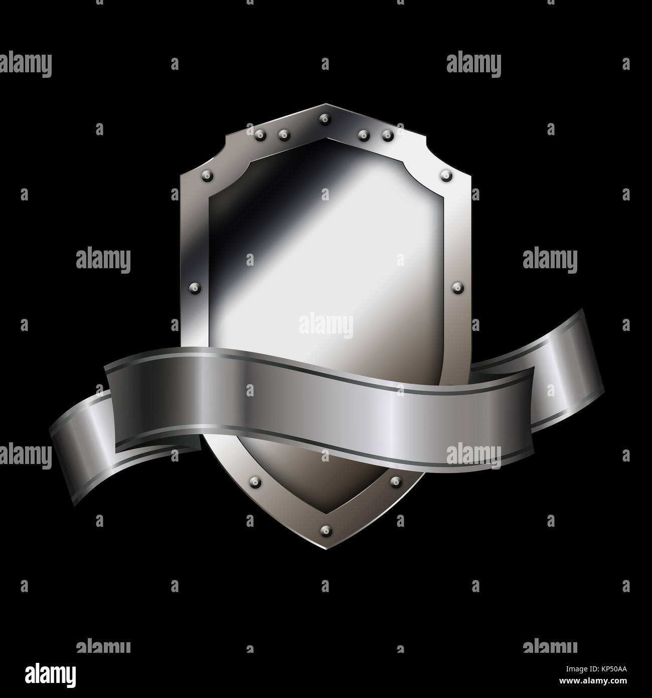 Medieval riveted shield and ribbon on a black background Stock Photo ...