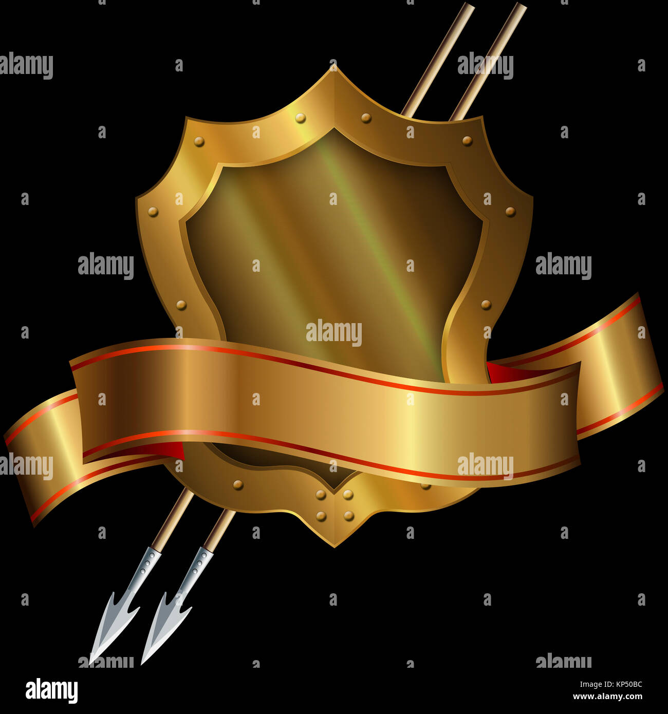 Medieval gold shield with two spears and gold ribbon on a black ...