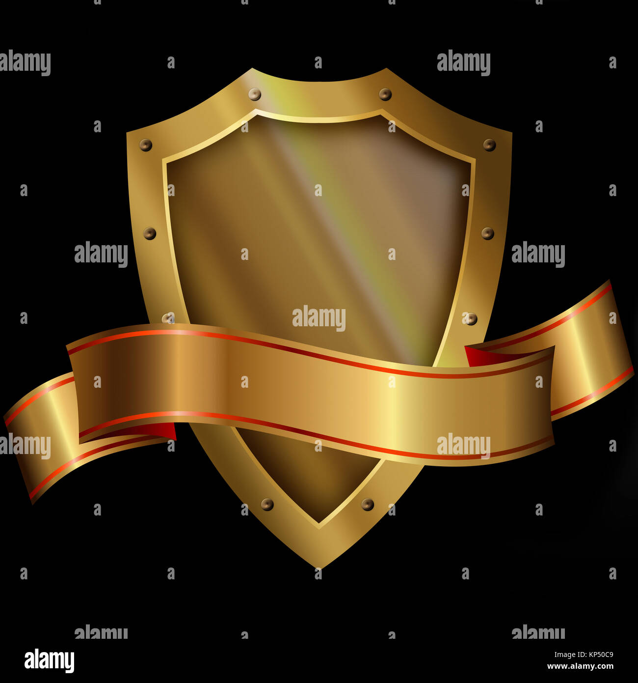 Medieval gold shield and gold ribbon on a black background Stock Photo ...