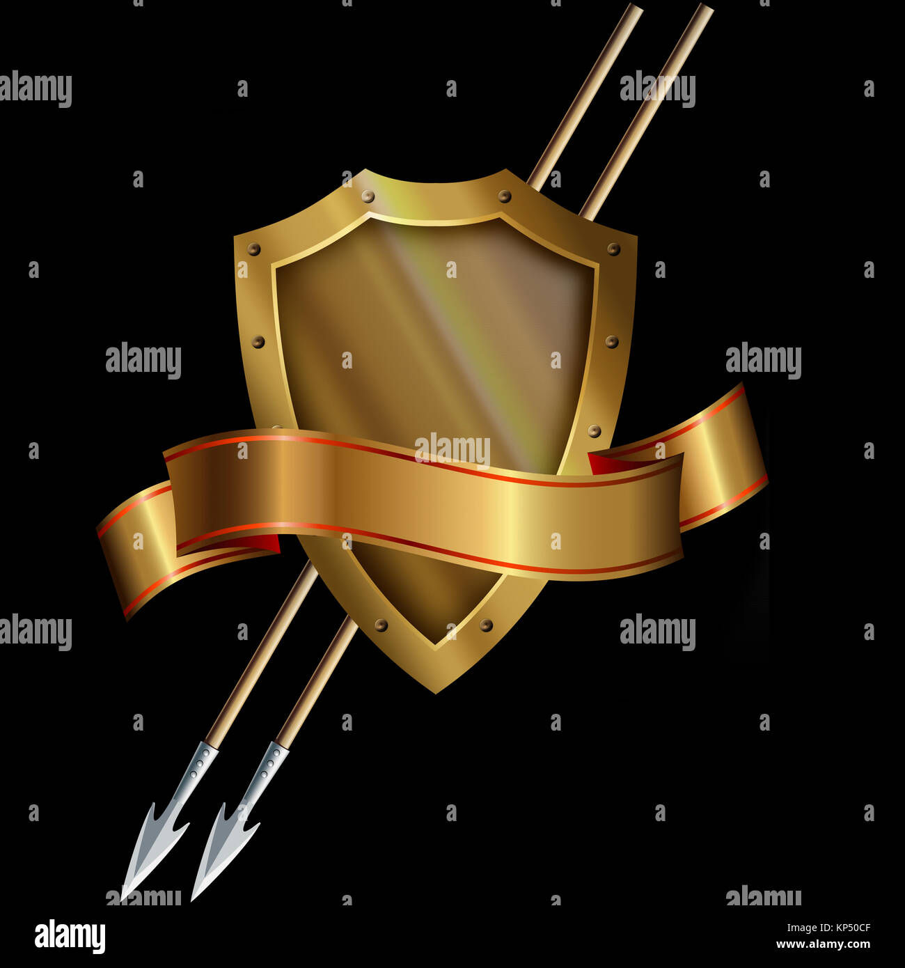 Medieval gold shield and gold ribbon on a black background Stock Photo ...