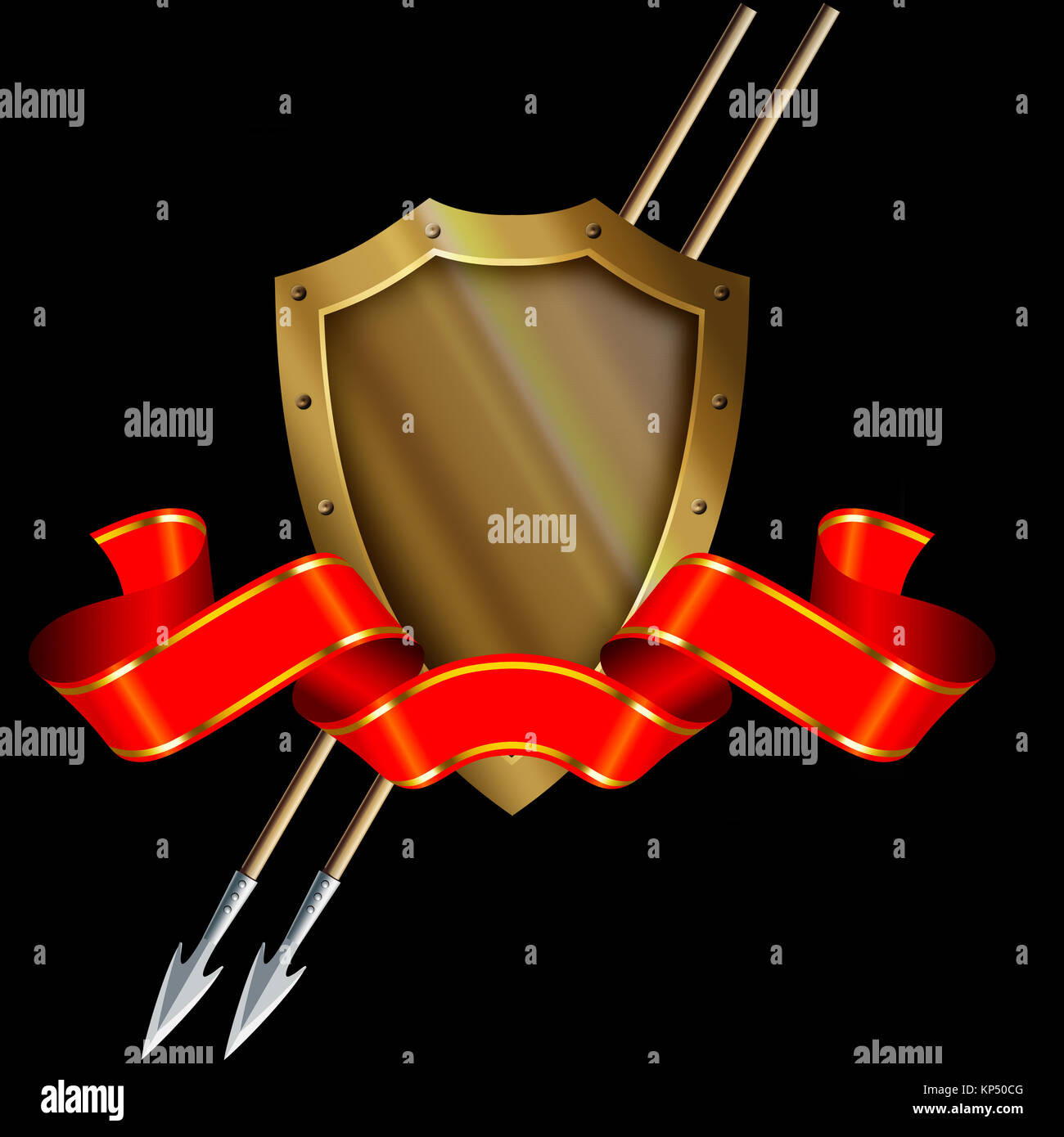 Medieval gold shield and gold ribbon on a black background Stock Photo ...