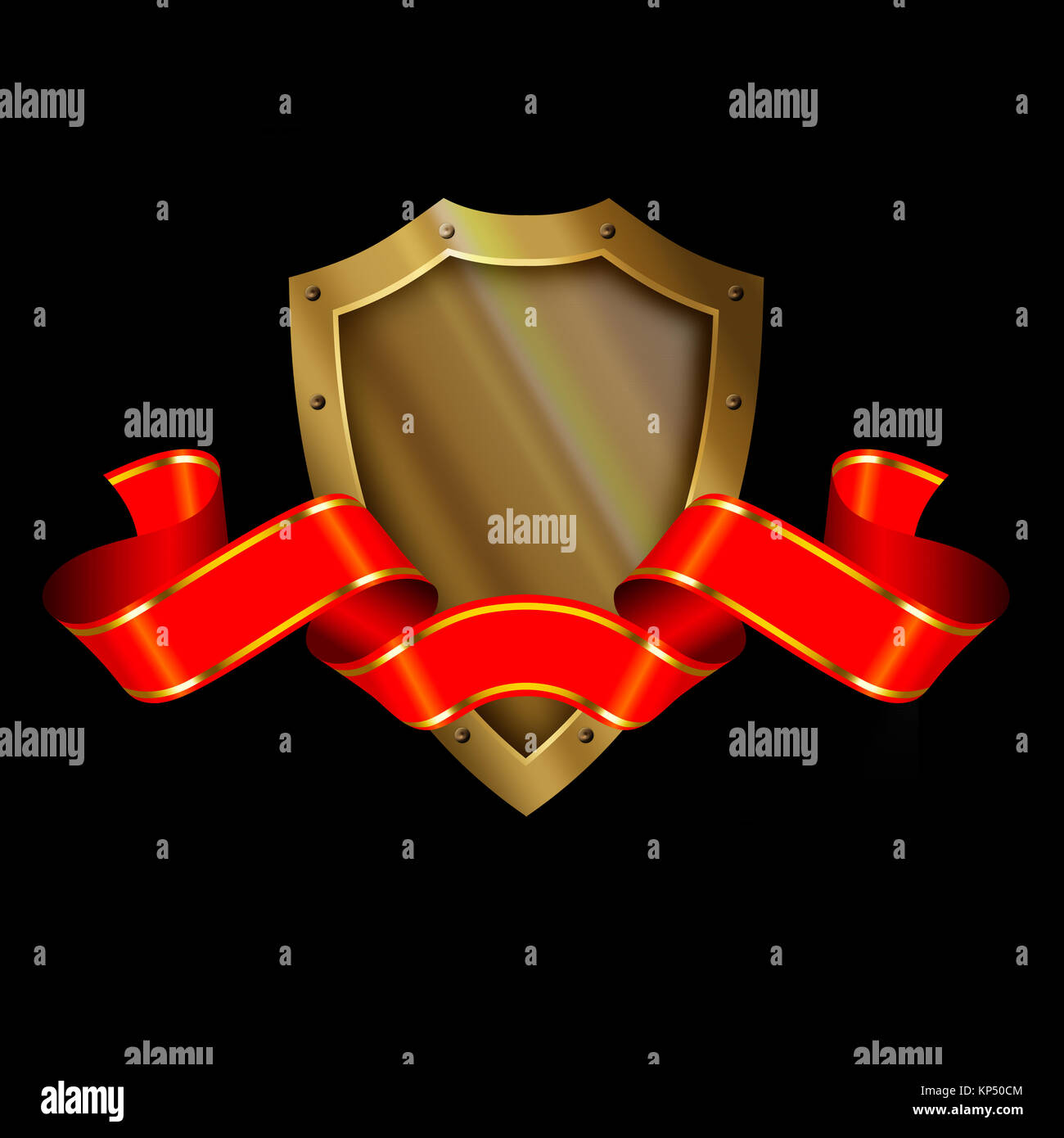 Medieval gold shield and gold ribbon on a black background Stock Photo ...