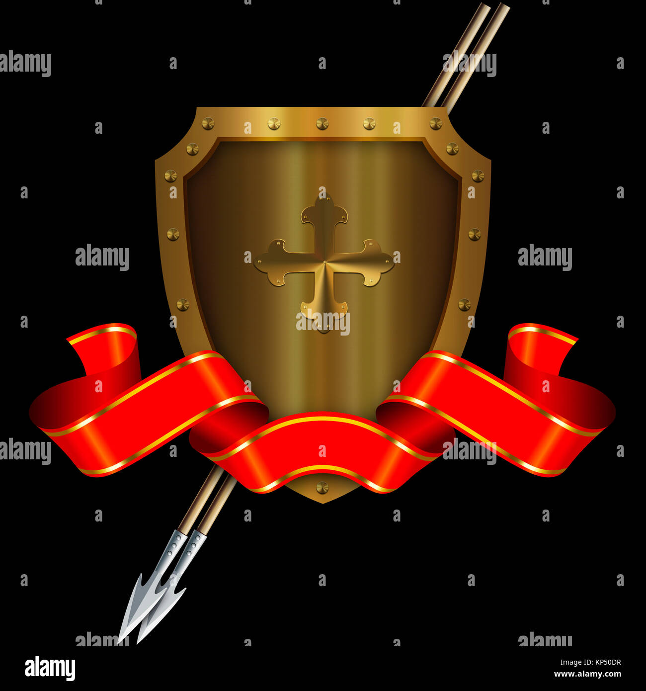 Medieval gold shield with gold cross and red banner on a black ...