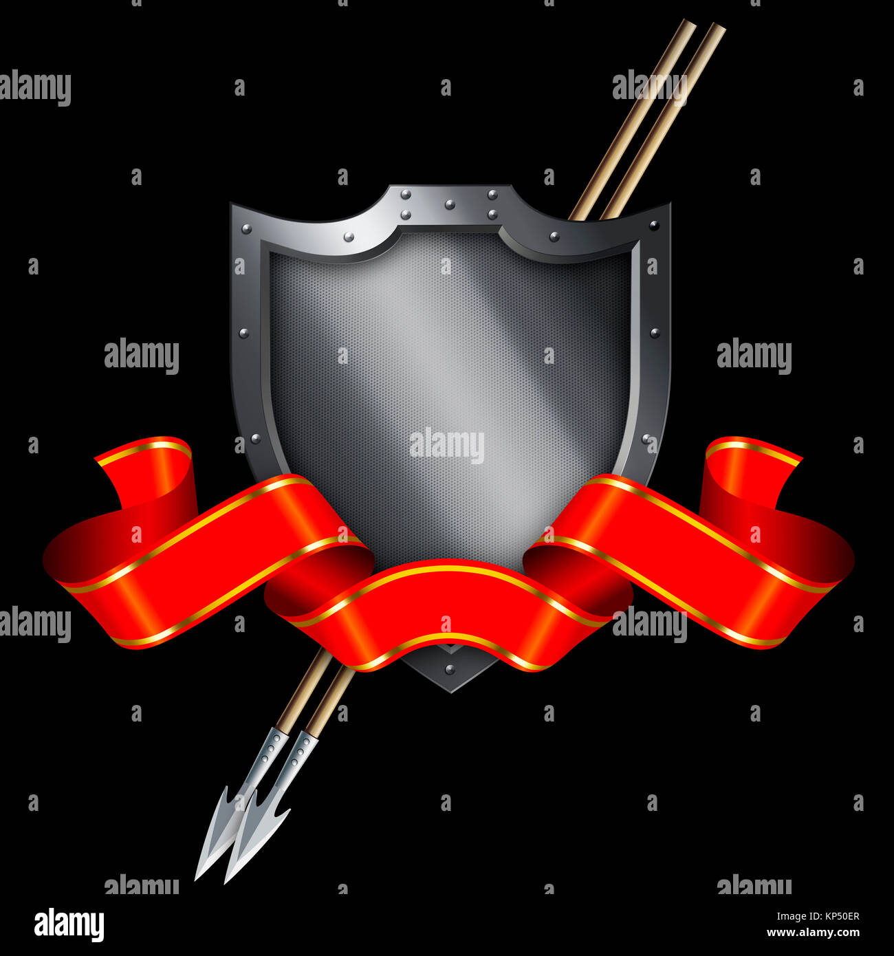 Medieval shield with chrome riveted border and red ribbon on black ...