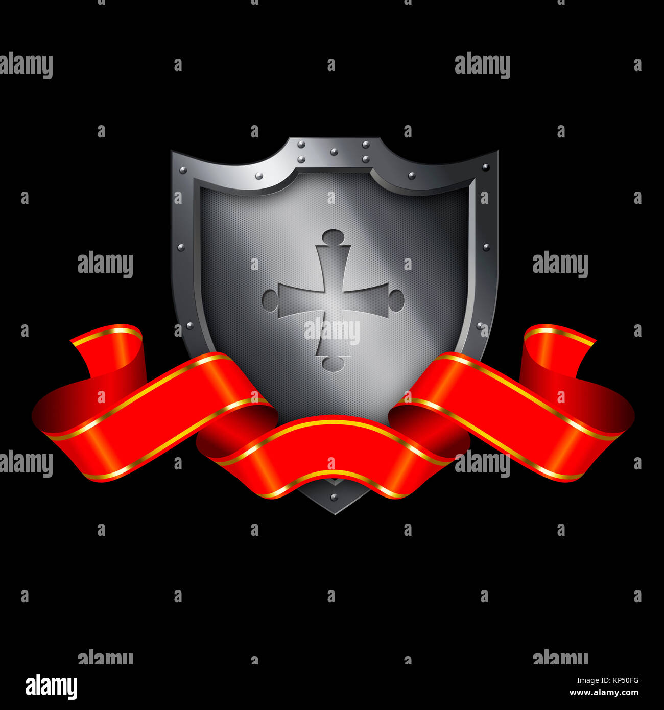 Medieval shield with chrome riveted border and red ribbon on black ...