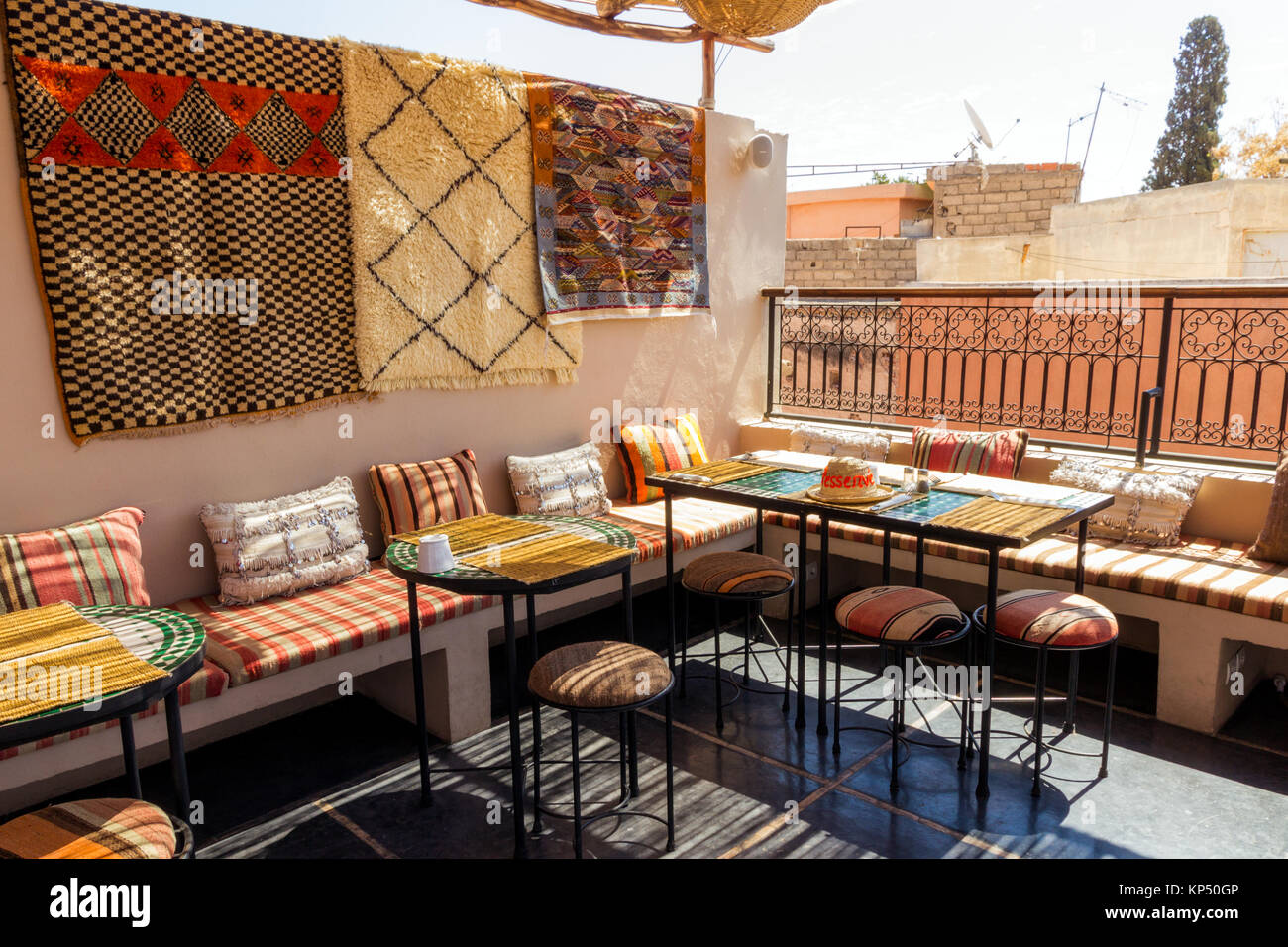 MARRAKESH, MOROCCO - APR 29, 2016: Lounge balcony in Marrakech, Morocco ...