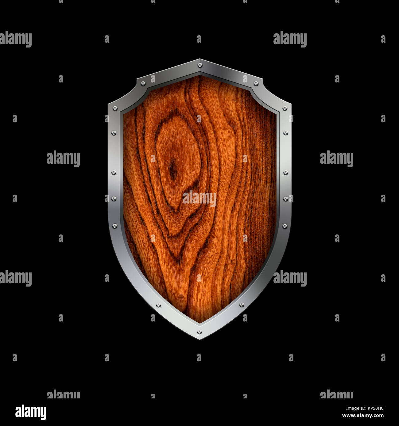 Wooden shield with steel riveted border on black background Stock Photo ...