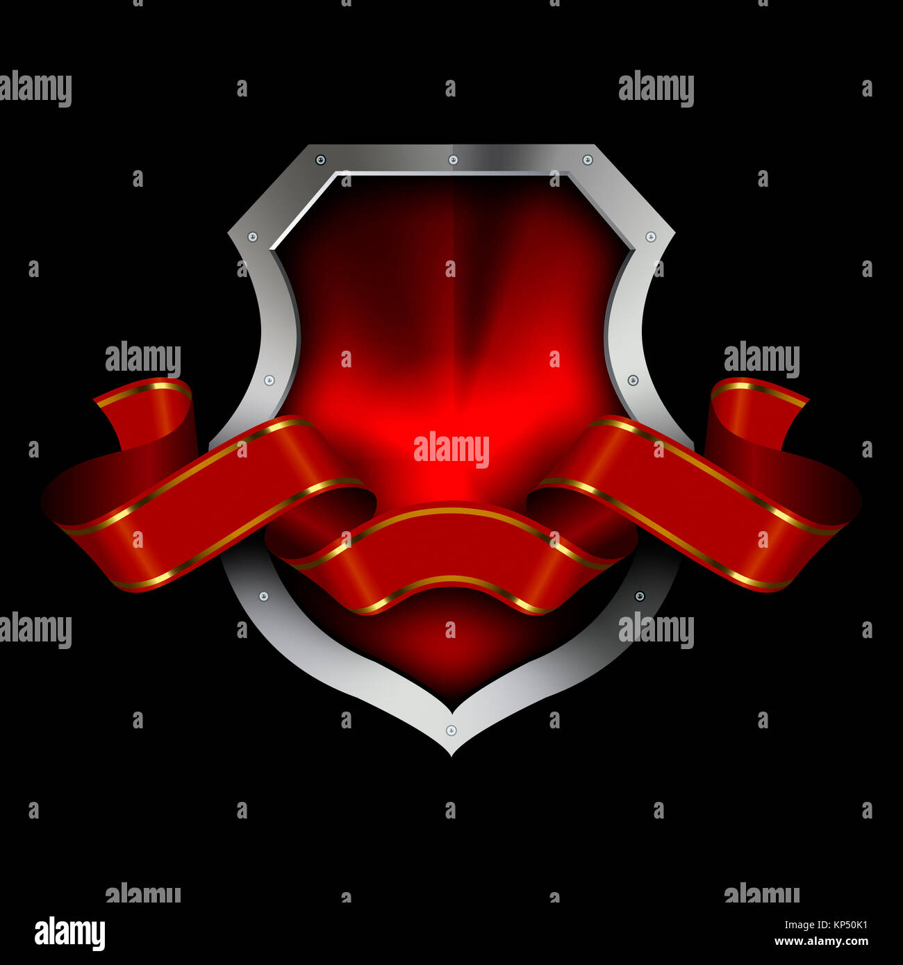 Medieval shield and red ribbon on black background Stock Photo - Alamy