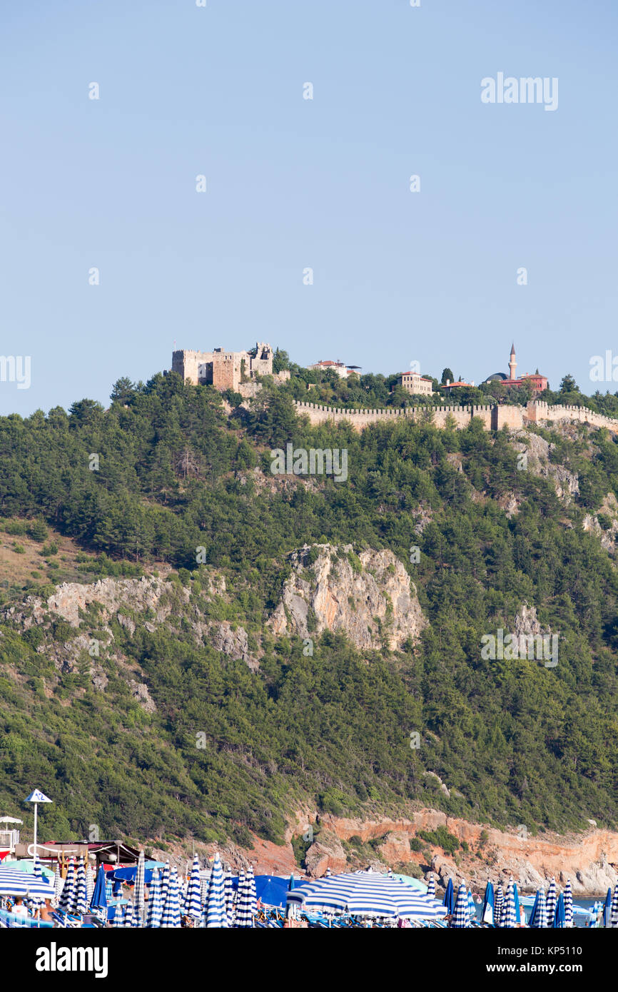 castle of Alanya built on rocks and beach of Cleopatra, Antalya, Turkey ...