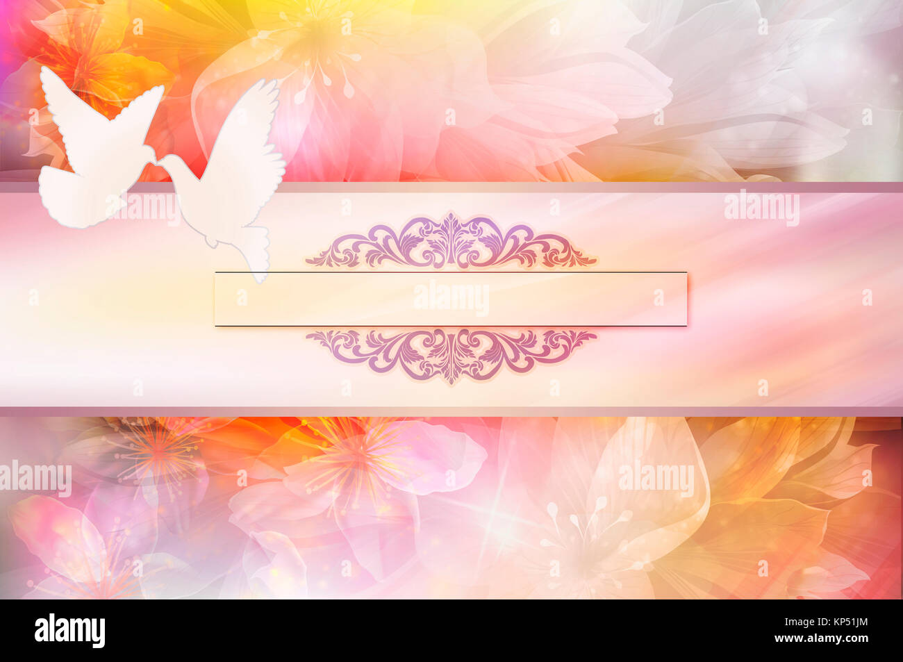 Decorative background with elegant flowers and white doves. Wedding ...