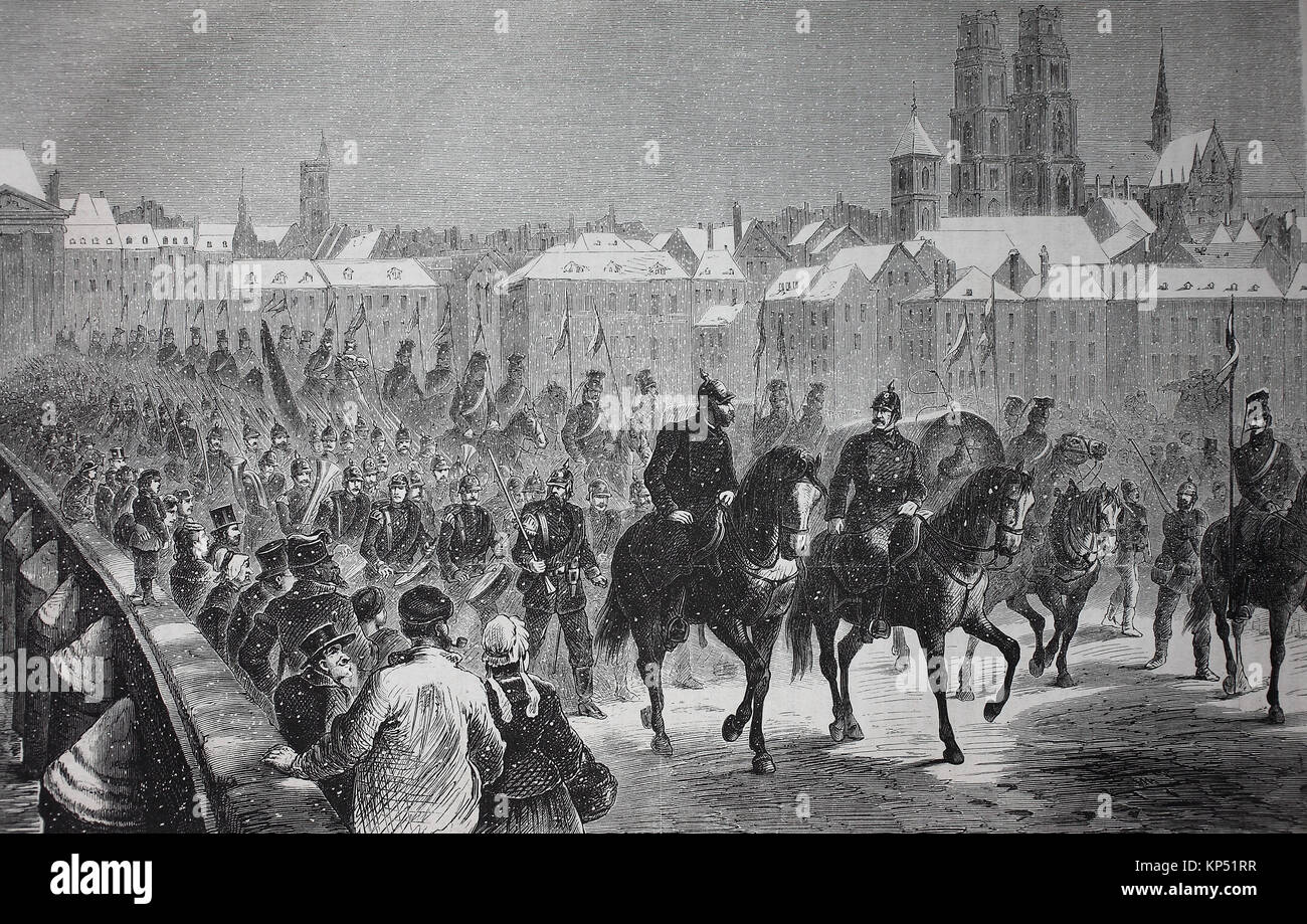 German troops marching across the Loire in Orleans on 5 December ...