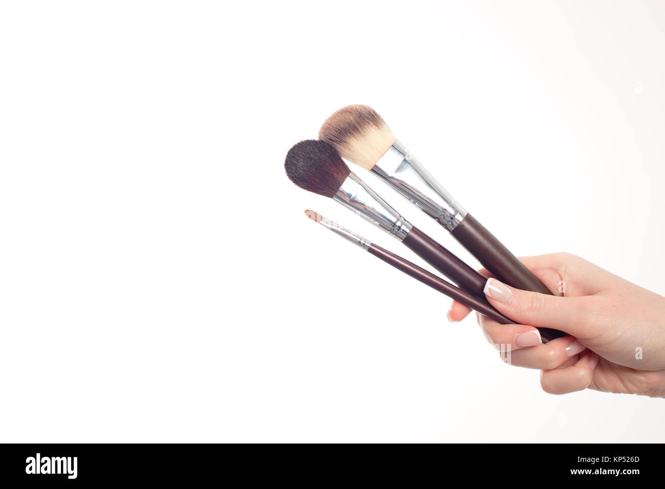 Woman hand holding set of professional make-up brushes isolated on ...