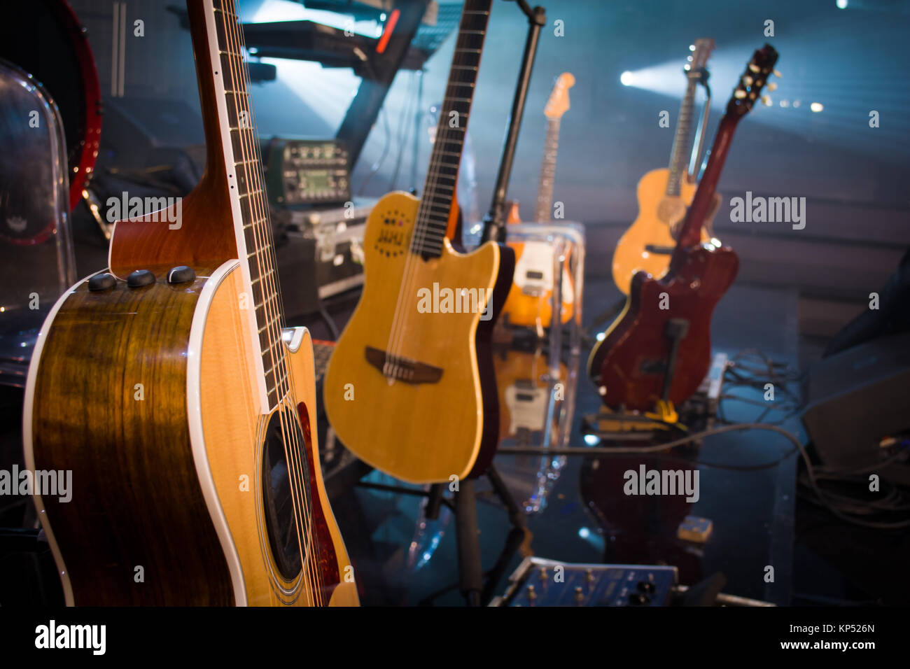 guitars stage composition in a vintage concert hall on light background ...